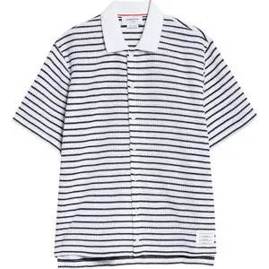 Thom Browne Stripe Short Sleeve Cotton Knit Button-up Shirt