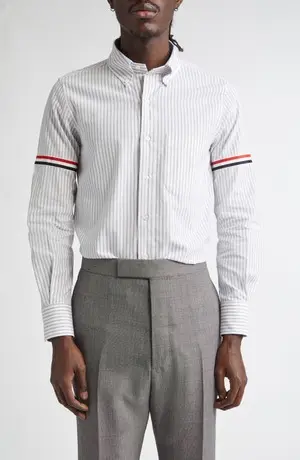 Thom Browne Armband Stripe Cotton Button-down Shirt - Medium Grey