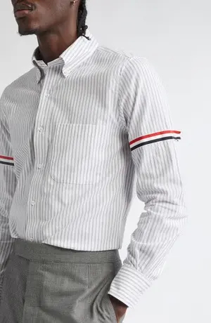 Thom Browne Armband Stripe Cotton Button-down Shirt - Medium Grey