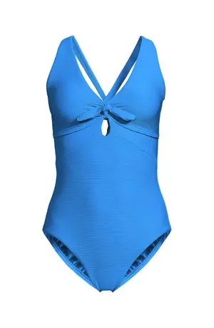 LANDS' END Ribbed Knot Front One-Piece Swimsuit Freshwater Blue Ottoman