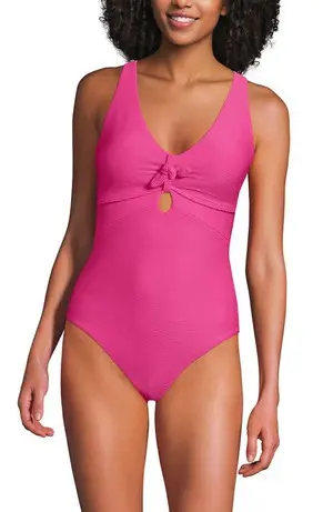 LANDS' END Ribbed Knot Front One-piece Swimsuit - Pink Ottoman