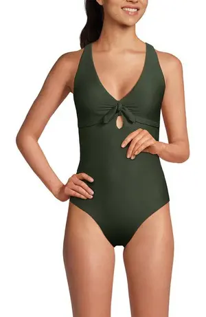 LANDS' END Ribbed Knot Front One-piece Swimsuit - Rich Olive Green Ottoman