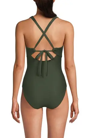 LANDS' END Ribbed Knot Front One-piece Swimsuit - Rich Olive Green Ottoman