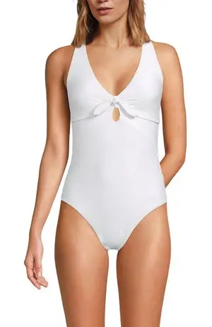 LANDS' END Ribbed Knot Front One Piece Swimsuit - White Ottoman