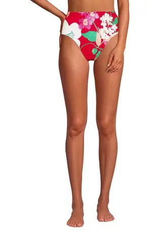 LANDS' END Ribbed High Waisted Bikini Bottoms - Coral Rose Lilies