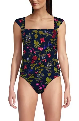 LANDS' END Square Neck Underwire Tankini Swimsuit Top - Deep Sea Multi Garden Floral