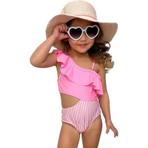 MIA BELLE GIRLS Striped One-piece Swimsuit With Ruffle Detail - Pink