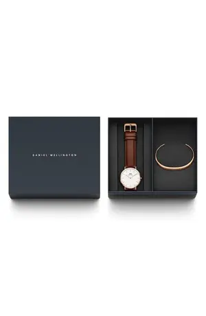 DANIEL WELLINGTON Leather Strap Watch And Cuff Bracelet Set - Ip Rose Gold