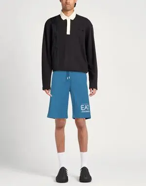 EA7 Pastel Cotton French Terry Shorts With Logo Appliqu - Blue