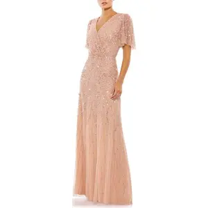 Mac Duggal Embellished Flutter Sleeve Gown - Nude