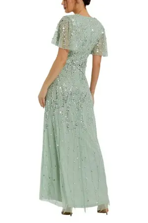 Mac Duggal Embellished Flutter Sleeve Gown - Sage