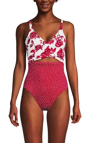 LANDS' END Wrap Monokini One Piece Swimsuit - Red Dot/red Graphic Floral