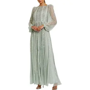 Mac Duggal Embellished Long Sleeve A-line Gown - Mint