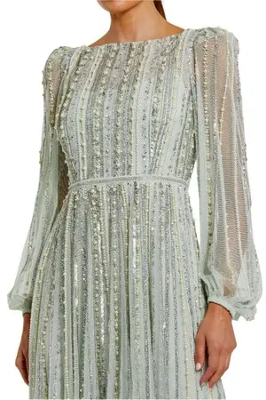 Mac Duggal Embellished Long Sleeve A-line Gown - Mint