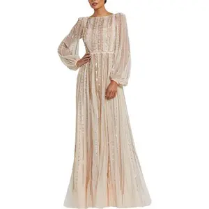 Mac Duggal Embellished Long Sleeve A-line Gown - Peach
