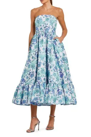 Mac Duggal Floral Brocade Strapless Midi Dress - Blue Multi