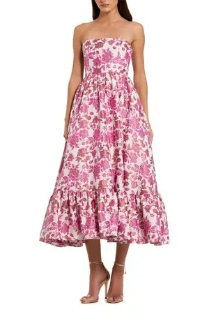 Mac Duggal Floral Brocade Strapless Midi Dress - Pink Multi
