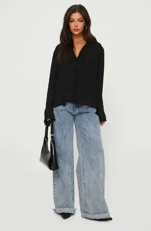 Princess Polly Selma Crinkle Button-up Top - Black