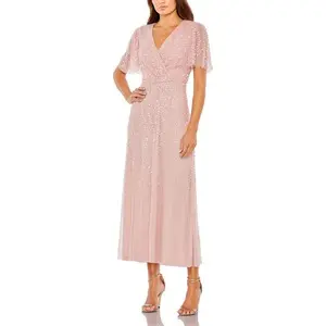 Mac Duggal Beaded Butterfly Sleeve Wrap Dress - Rose