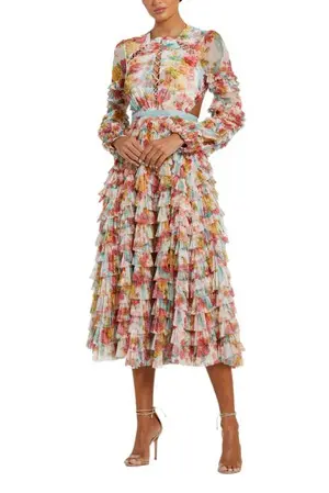 Mac Duggal Long Sleeve Tiered Ruffle Dress - White Multi