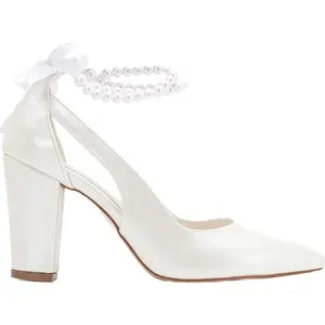 FOREVER & ALWAYS SHOES Camila Pointed Toe High Block Heels With Pearl Embellishments - Ivory
