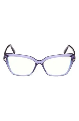TOM FORD 55mm Cat Eye Optical Glasses - Violet / T Logo / Blue Block