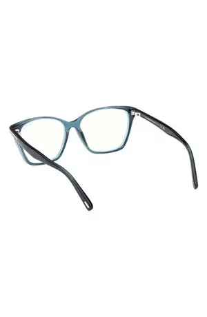 TOM FORD 56mm Cat Eye Optical Glasses - Teal / T Logo / Blue Block