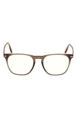TOM FORD 52mm Round Frame Optical Glasses - Brown / T Logo / Blue Block