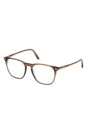 TOM FORD 52mm Round Frame Optical Glasses - Brown / T Logo / Blue Block