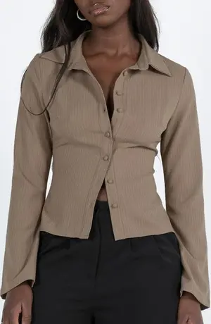 Princess Polly Anni Pinstripe Button-up Shirt - Beige