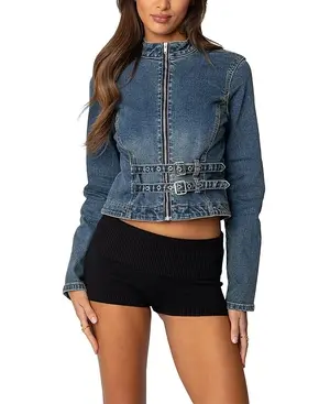 EDIKTED Double Buckle Denim Jacket