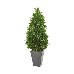 NEARLY NATURAL 57 Bay Leaf Cone Topiary Tree In Slate Planter Uv Resistant - Green