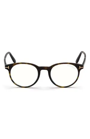 TOM FORD 49mm Round Frame Eyeglasses - Havana / Blue Block