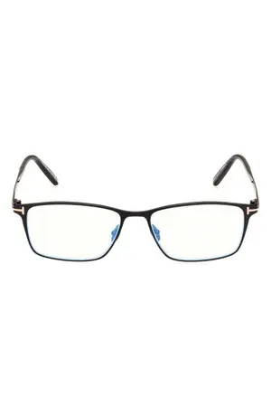 TOM FORD 54mm Rectangular Eyeglasses - Black / T Logo / Blue Block