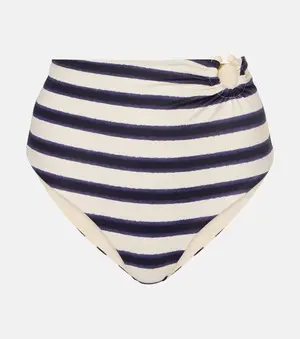 Johanna Ortiz Striped High-rise Bikini Bottoms - Blue