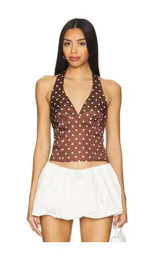 MORE TO COME Vivan Halter Top Polka Dot Satin - Chocolate