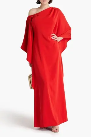Marchesa One-shoulder Embellished Crepe Gown - Red