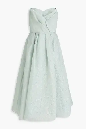 Marchesa Strapless Pleated Cloqué Midi Dress - Mint