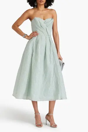 Marchesa Strapless Pleated Cloqué Midi Dress - Mint