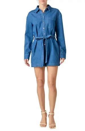 English Factory Long-sleeve Romper With Tie Belt - Denim