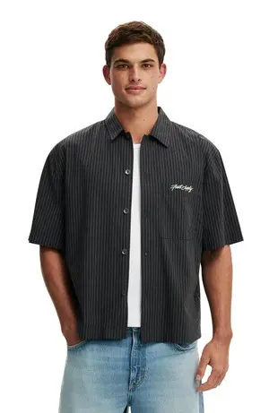 COTTON ON Ventura Short Sleeve Shirt - Black Stripe Emb