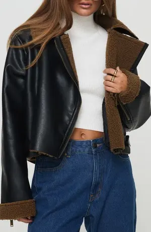 Princess Polly Faux Leather Cropped Biker Jacket With Shearling Trim - Black
