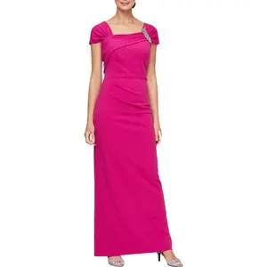 Alex Evenings Cap Sleeve Crepe Gown - Fuchsia