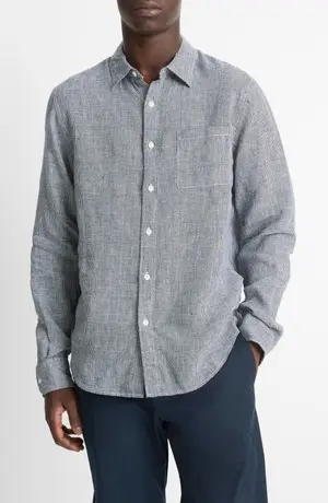 Vince Houndstooth Classic Fit Linen Button-up Shirt - Coastal/ Optic White