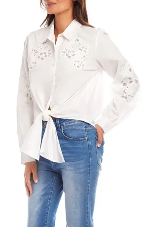 Karen Kane Tie Front Embroidered Button-up Shirt