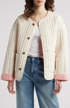 Lucky Brand Reversible Quilted Jacket - Cream And Pink Floral