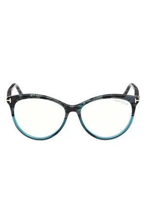 TOM FORD Round Frame Blue Light Blocking Glasses - Havana / Teal / T Logo