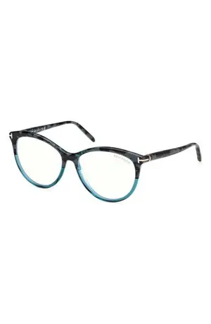 TOM FORD Round Frame Blue Light Blocking Glasses - Havana / Teal / T Logo