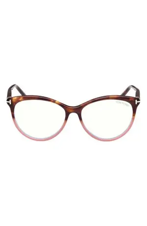 TOM FORD TOM FORD Round Frame Blue Light Blocking Glasses Havana To Milky Pink/t Logo