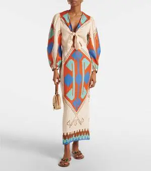 Johanna Ortiz Printed Linen Midi Dress With Tie Detail - Multicoloured
